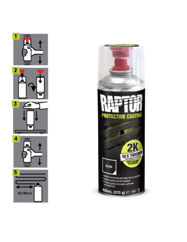 2 x Spray Pintura Raptor 2K Negro 400 Ml + 1 x Imprimación Plásticos Raptor